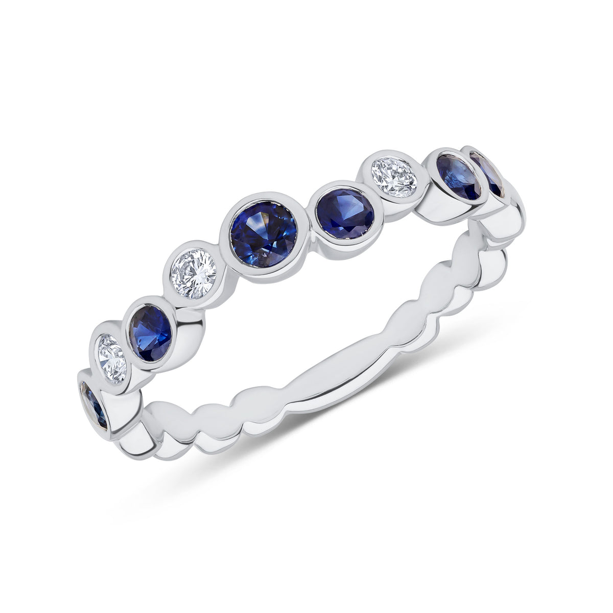 18CT White Gold Round Blue Sapphire & Diamond Single Row Bubble Ring – Herbert Marx