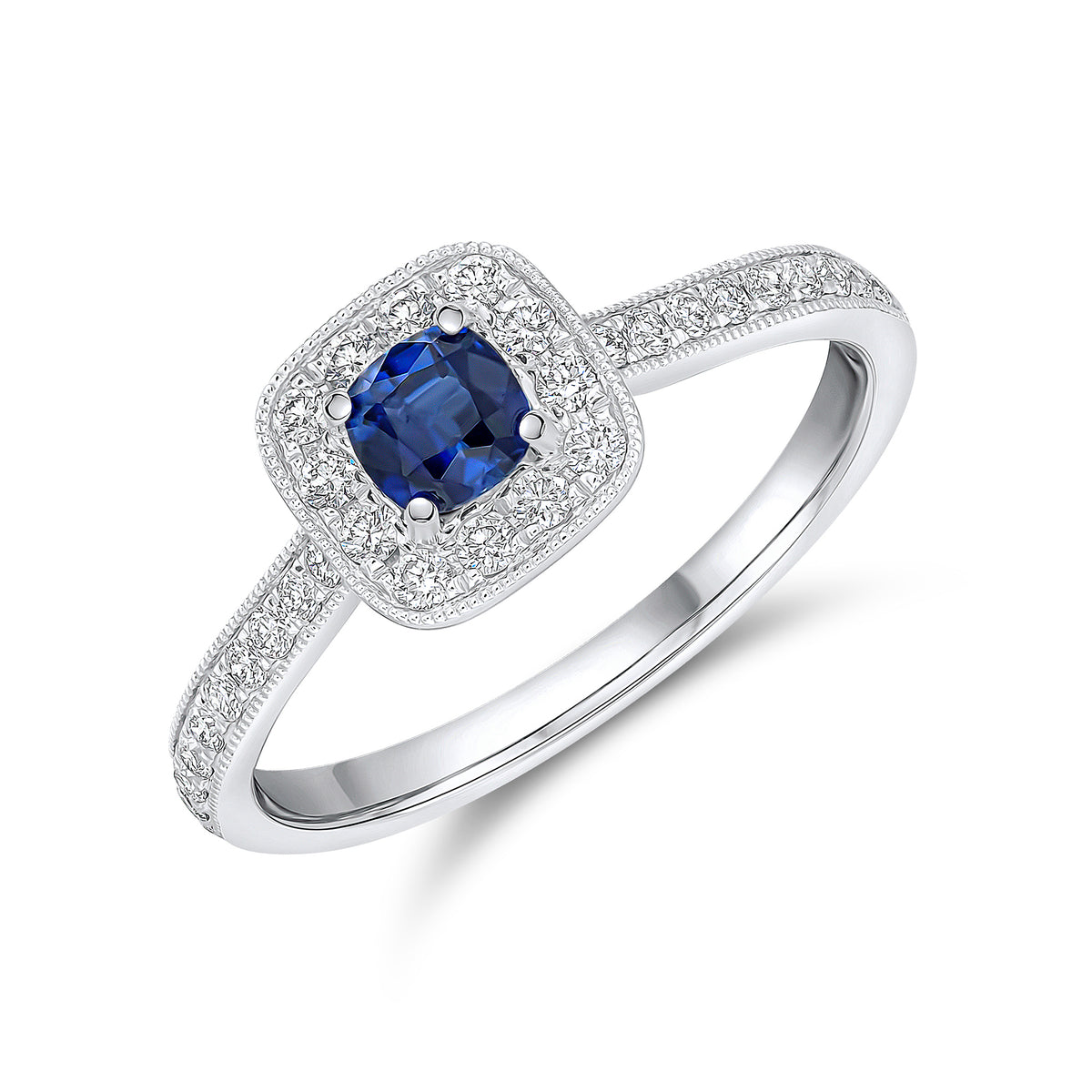 18CT White Gold Cushion Sapphire & Diamond Millegrain Cluster Ring wit – Herbert Marx