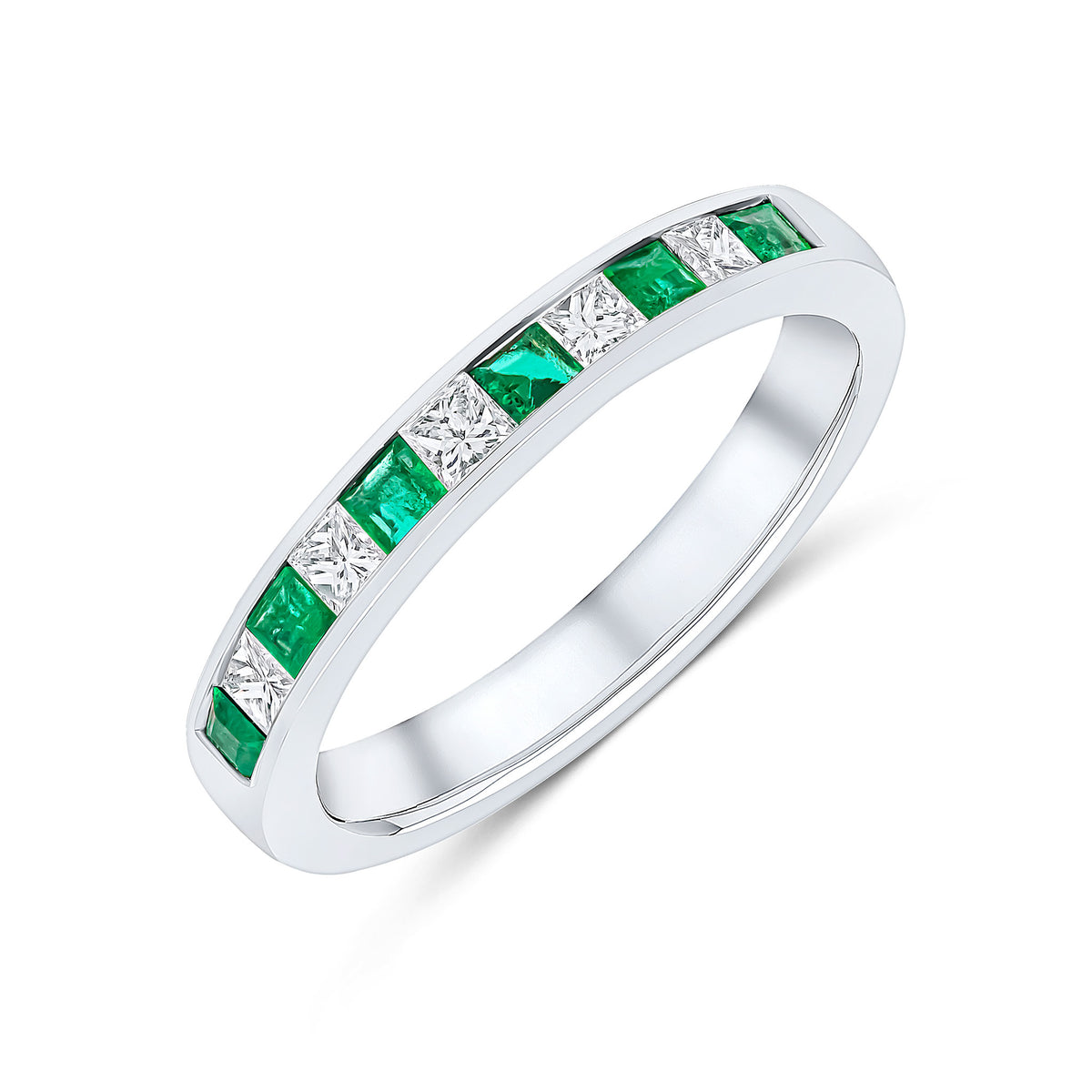 18CT White Gold Square Emerald & Diamond Channel Set 11 Stone Half Ete – Herbert Marx