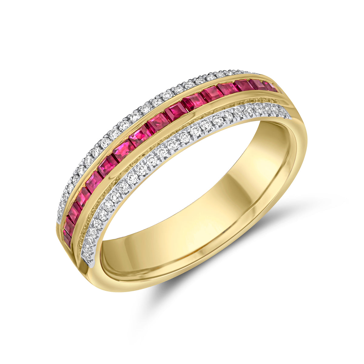 18CT Yellow Gold Channel Set 16 Square Ruby & Claw Set Diamond 3 Row B – Herbert Marx