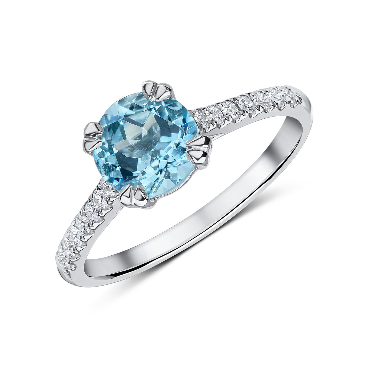 18CT White Gold Claw Set Round Aquamarine Ring with Diamond Shoulders – Herbert Marx