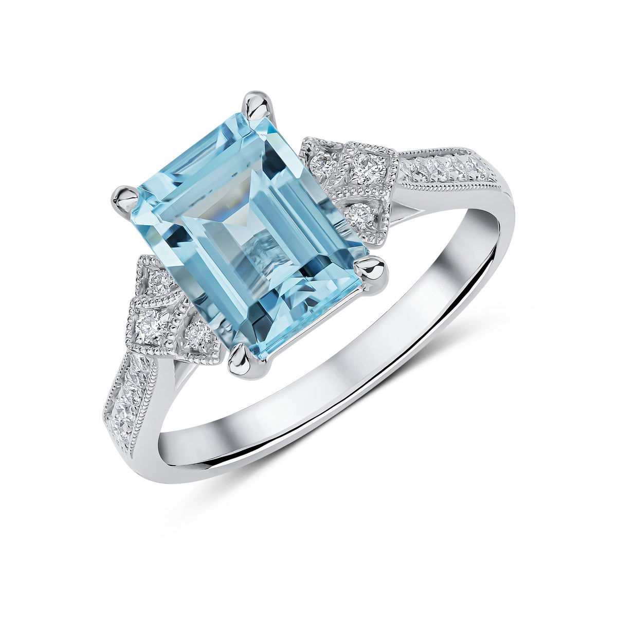 18CT White Gold Octagonal Aquamarine Ring with Diamond Millegrain Shou – Herbert Marx