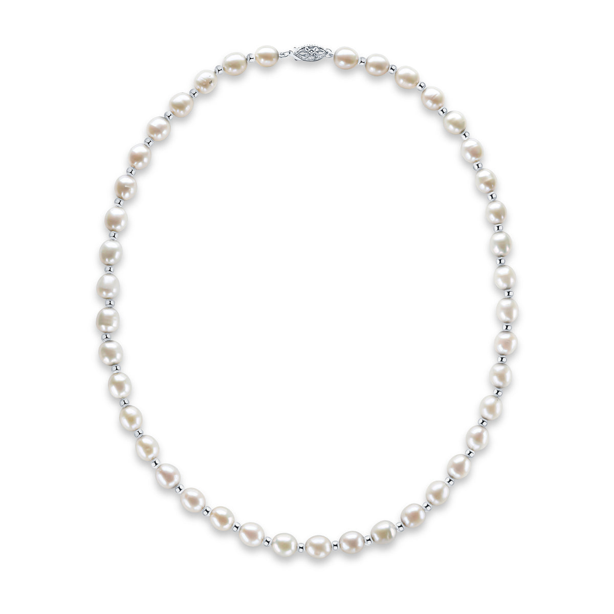 9CT White Gold Bead and 7mm White Oval Pearl Necklace – Herbert Marx