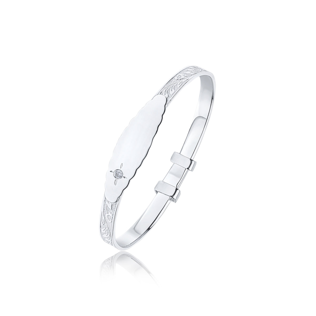 Silver 4mm Floral Baby Bangle with ID Name Plate & CZ Cubic Zirconia – Herbert Marx