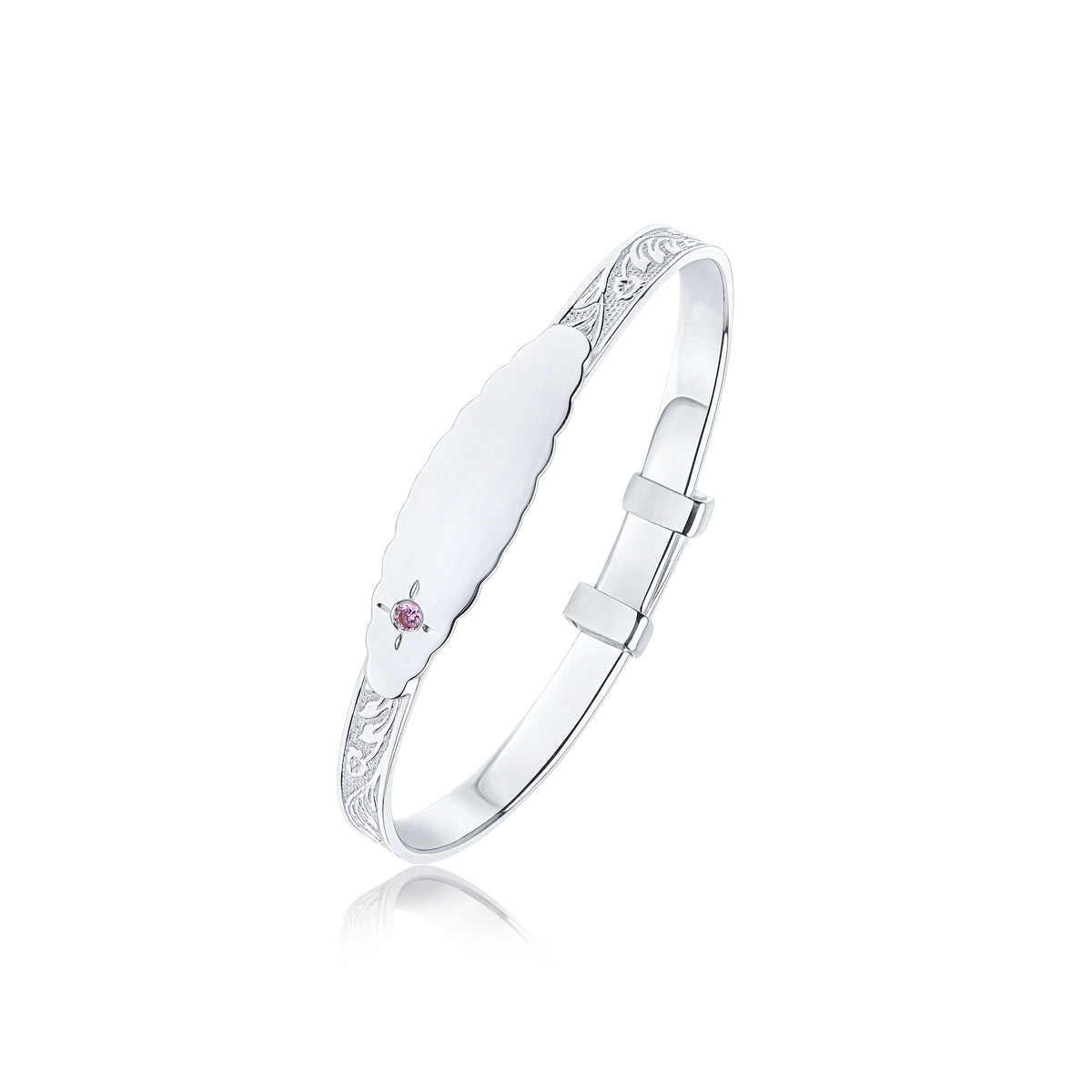 Silver 4mm Floral Leaf Baby Bangle with ID Engraving Plate & Pink CZ C – Herbert Marx