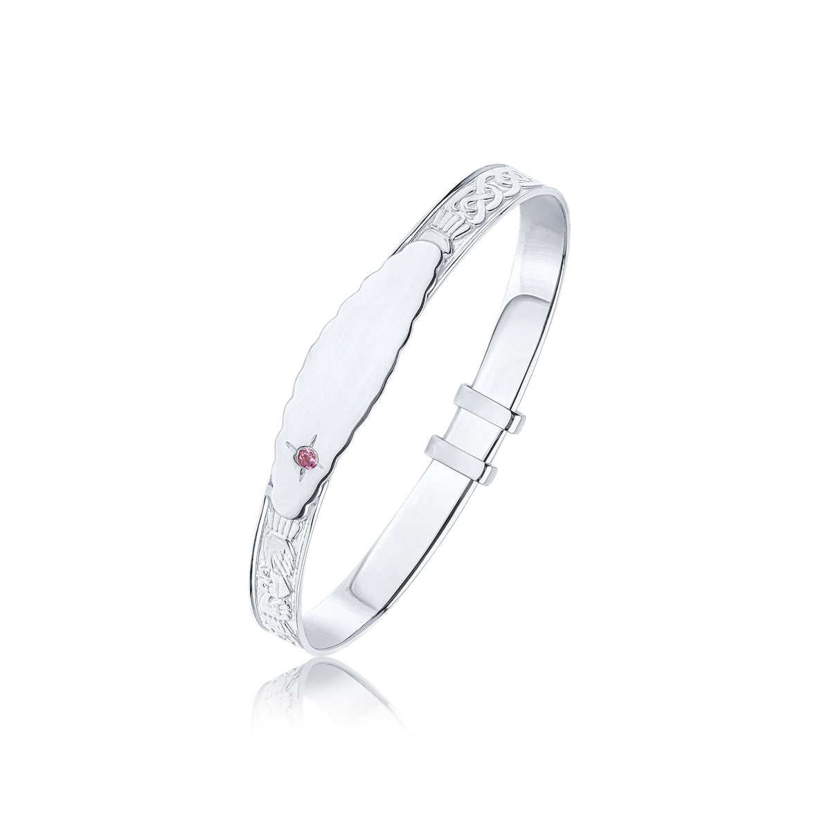 Silver 4mm Claddagh Ring Round Baby Bangle with ID Name Plate & Pink C – Herbert Marx
