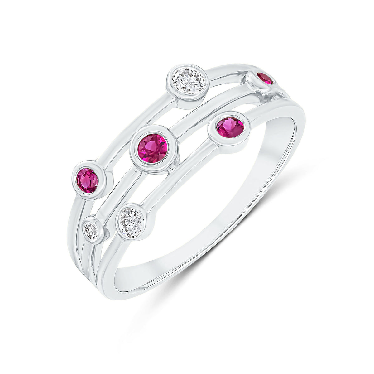 9CT White Gold Round Ruby & Diamond Three Row Bubble Ring – Herbert Marx