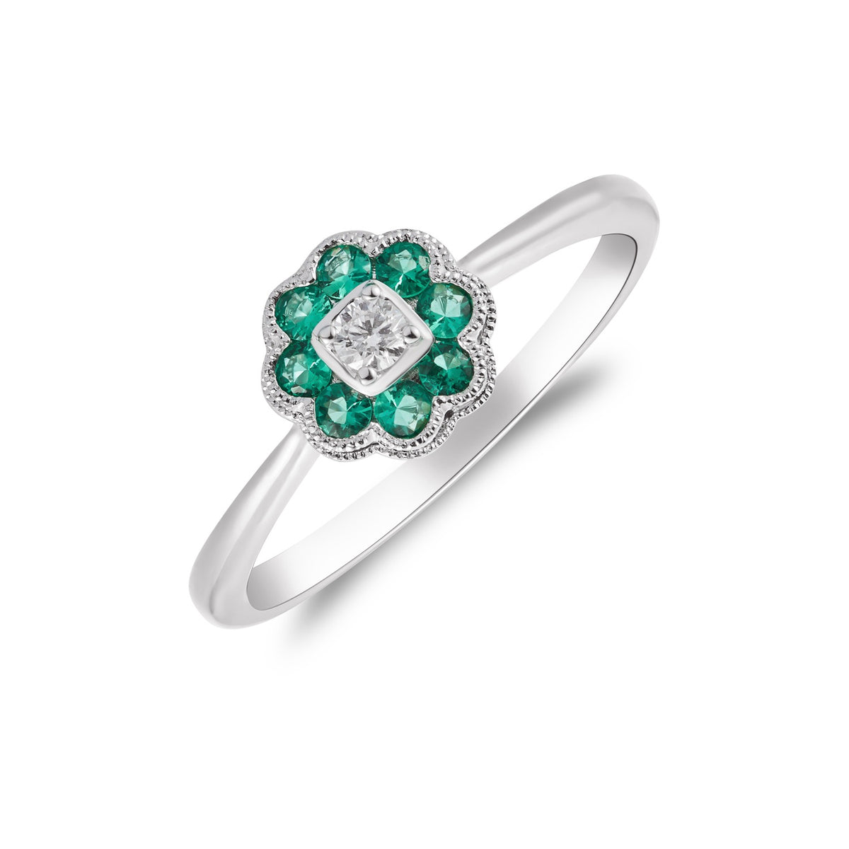 18CT White Gold Emerald & Diamond Reverse Cluster Ring with Millegrain – Herbert Marx