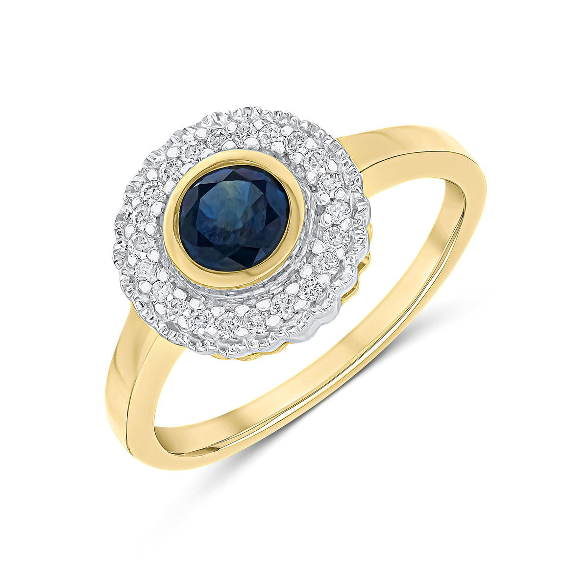 9CT Yellow Gold Rubover Round Blue Sapphire & Millegrain Diamond Clust – Herbert Marx