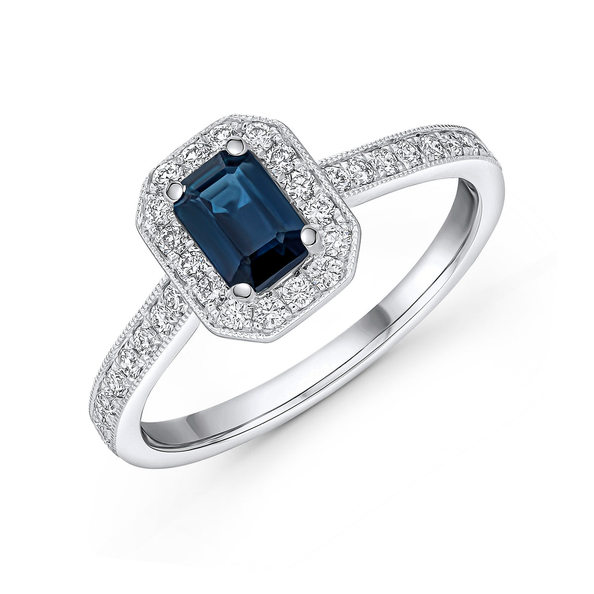 18CT White Gold Claw Set Octagonal Sapphire & Millegrain Diamond Clust ...