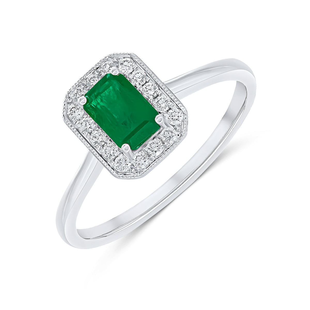 18CT White Gold Claw Set Octagonal Emerald & Millegrain Diamond Cluste ...