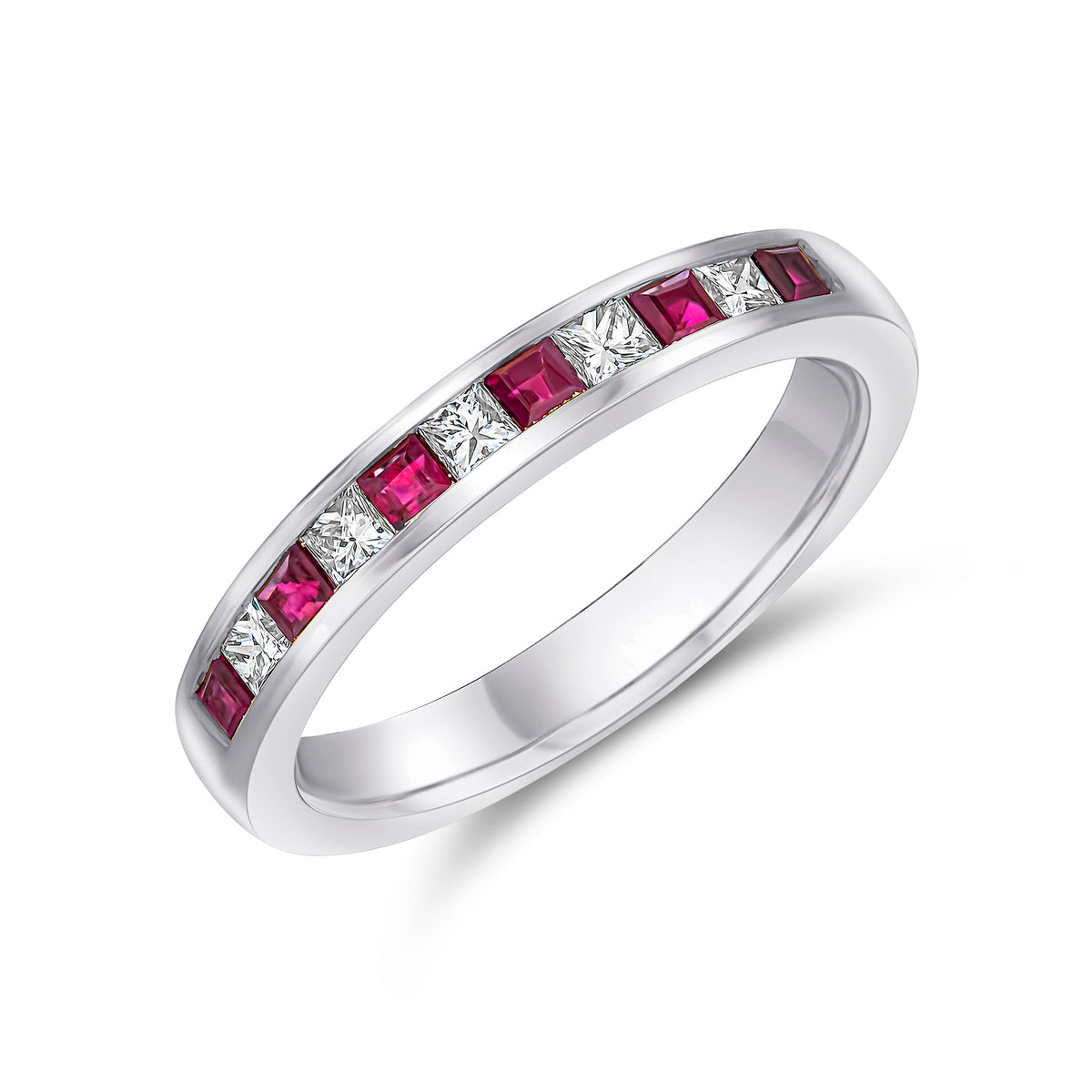 18CT White Gold Square Ruby & Princess Cut Diamond 9 Stone Channel Set ...