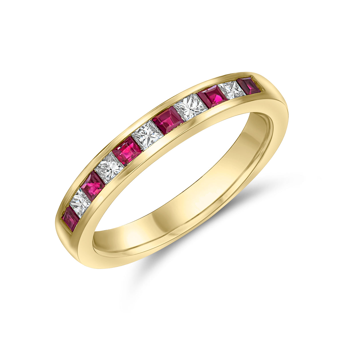 18CT Yellow Gold Square Ruby & Princess Cut Diamond 9 Stone Channel Se ...