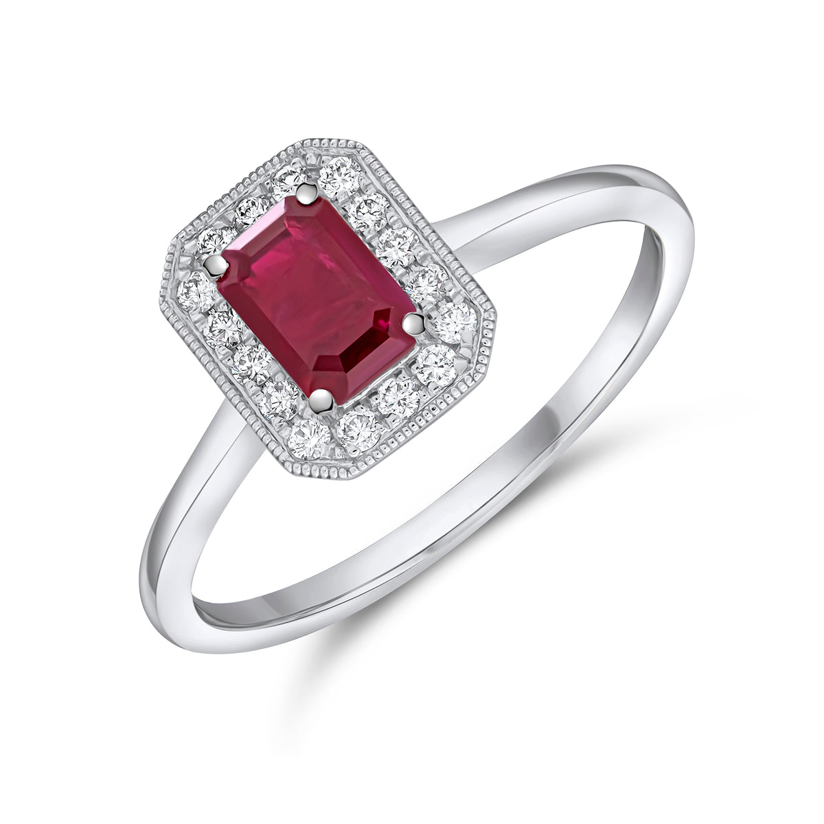 18CT White Gold Claw Set Octagonal Ruby & Millegrain Diamond Cluster R ...