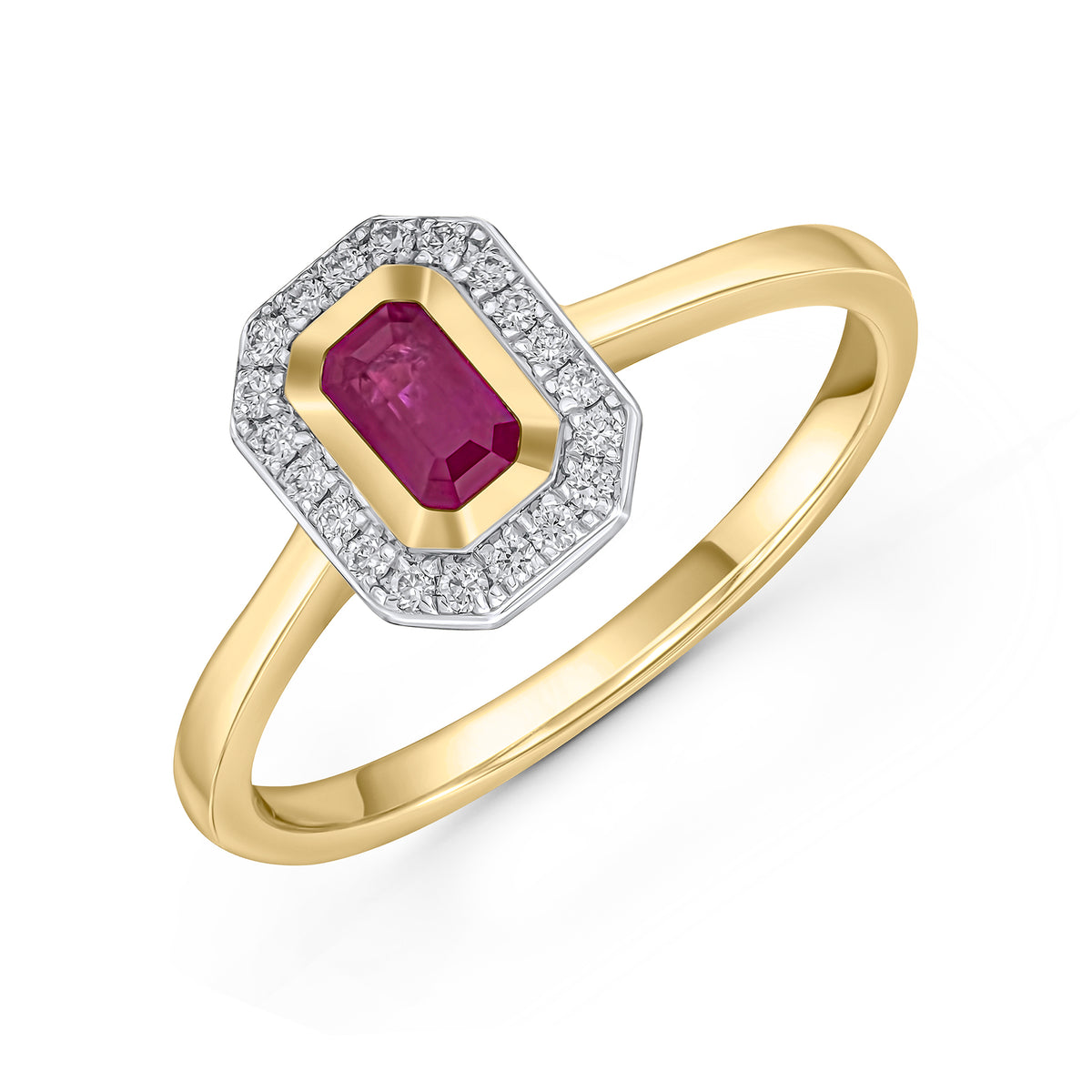 18CT Yellow Gold Rubover Octagonal Ruby & Round Grain Set Diamond Ring ...