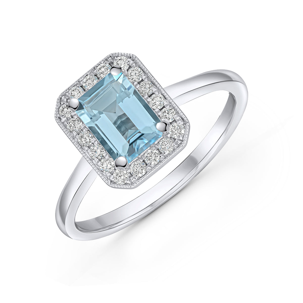 18CT White Gold Claw Set Octagonal Aquamarine & Millegrain Diamond Clu ...