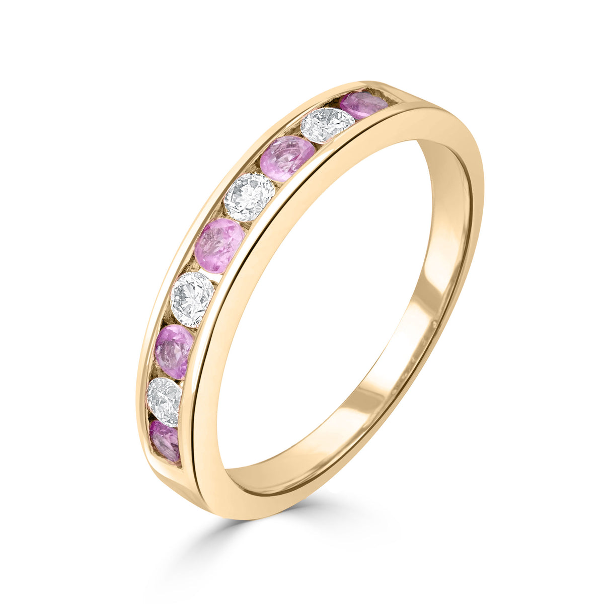 9CT Yellow Gold Round Pink Sapphire & Diamond 9 Stone 1/2 Eternity Rin ...