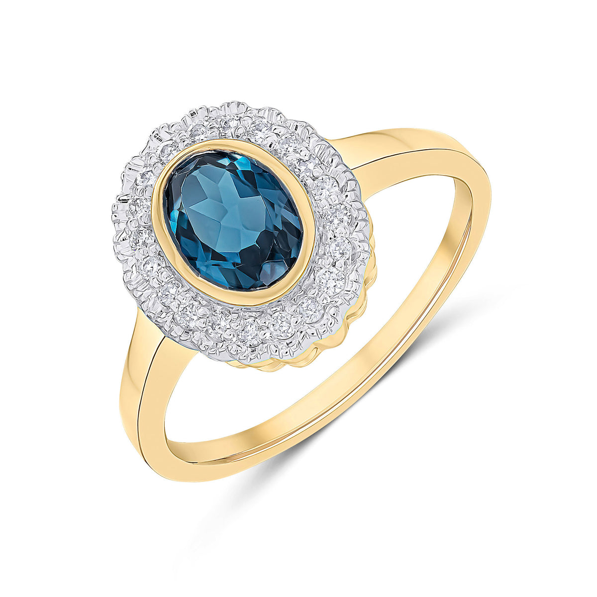 9CT Yellow Gold Rubover Oval London Blue Topaz & Millegrain Diamond Cl ...