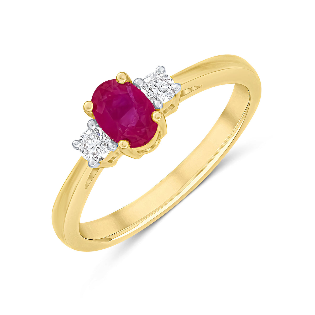 9CT Yellow Gold Oval Ruby & Diamond Claw Three Stone Ring 6x4mm ...