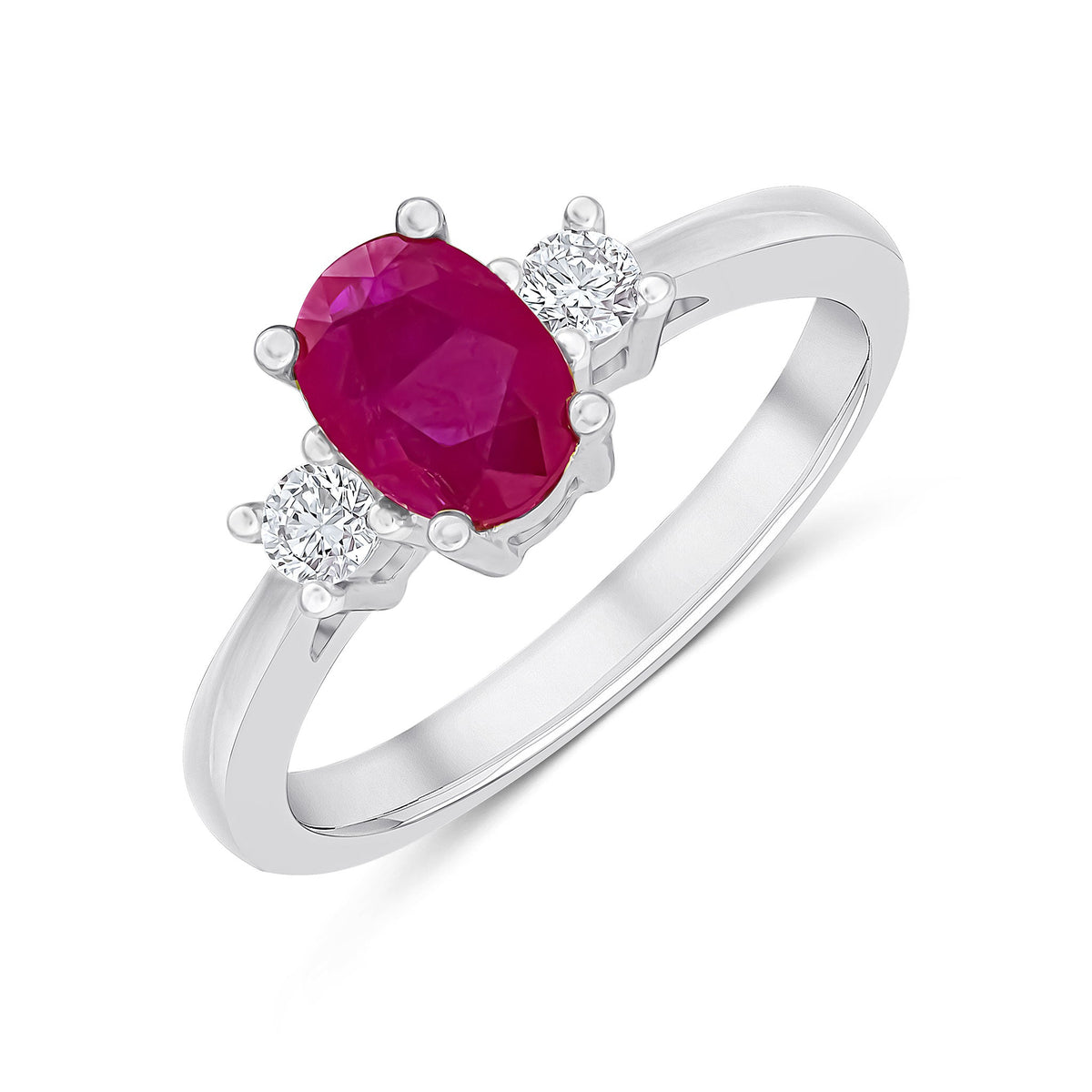 18CT White Gold Oval Ruby & Round Diamond Claw Set Three Stone Ring ...