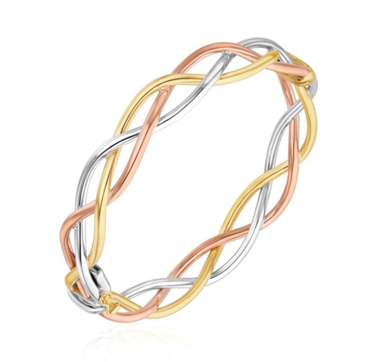 9CT Three Tone Yellow, White & Rose Gold Plait Bangle – Herbert Marx